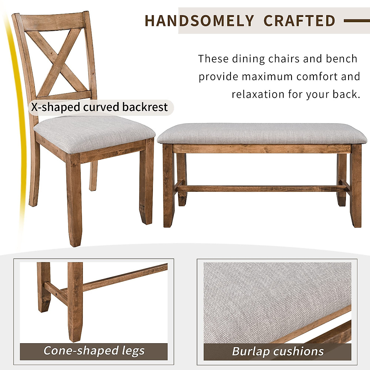 Merax 6-Piece Kitchen Set, Wooden Rectangular Dining-Table, 4 Chairs and Bench Family Furniture, Natural Cherry & Beige