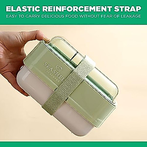 Double-Layer Bento Lunch Box For Adults with Bag | (40oz) Capacity Japanese Lunch Box | Spoon and Fork Set | Sauce Container with Lid | Leak-Proof | Microwave/Dishwasher Safe | Green