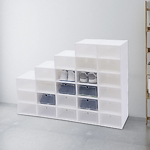 Flhonudi 24 Pack Shoe Storage Boxes Shoe Boxes with Door Shoe Plastic Stackable Shoe Organizer Boxes Multifunctional Sneaker Organizer Drop Front Shoe Box Easy Assembly