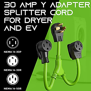 GearIT 30 Amp Dryer Y Splitter to RV/EV (NEMA 14-30P Male Plug to 14-30R / 14-50R Female Receptacle) 4-Prong Adapter Cord - 2.2 Feet