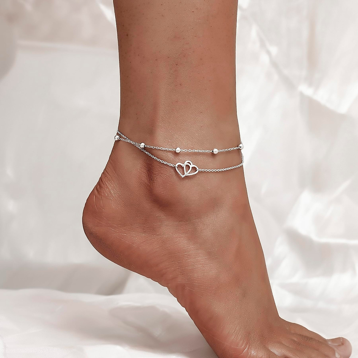 CHIC & ARTSY Double Heart Anklet 925 Sterling Silver Heart Anklets for Women Adjustable Layered Beach Anklets 11 Inches Boho Double Chain 2 Heart Ankle Bracelet