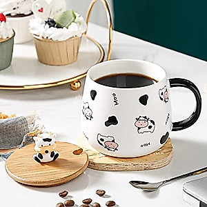 Arawat Cute Cow Coffe Mug with Lid and Spoon Cow Print Stuff Gifts 400ml Ceramic Tea Coffee Cup Kawaii Cow Mugs Funny 3D Animal Cow Mug Birthday Gifts for Women Girls Cow Lovers