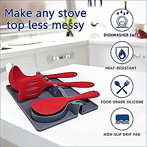 [3 Packs] Silicone Spoon Rest with Drip Pad for Multiple Utensils, Thrivet Mat [2 Packs], Upgraded Large Spoon Rest for Kitchen Counter, Heat Resistant Utensil Rest, Spatulas Rest for Cooking,Gray