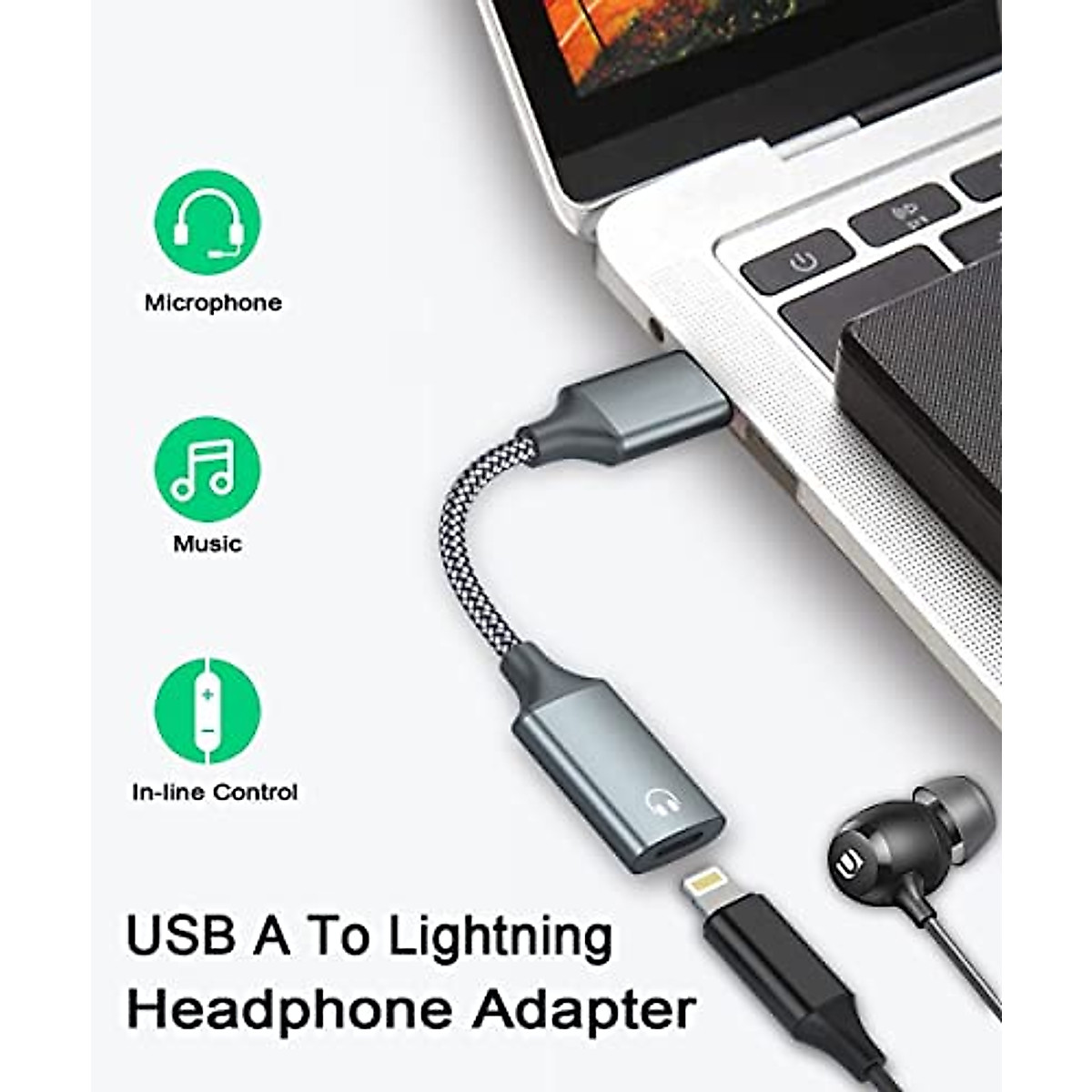 USB A to Lightning Audio Adapter Cable USB 3.0 Male to Lightning Female HiFi Audio Headphones Converter Fit with USB A MacBook Computer PC Support Volume Control Mic Nylon Braided