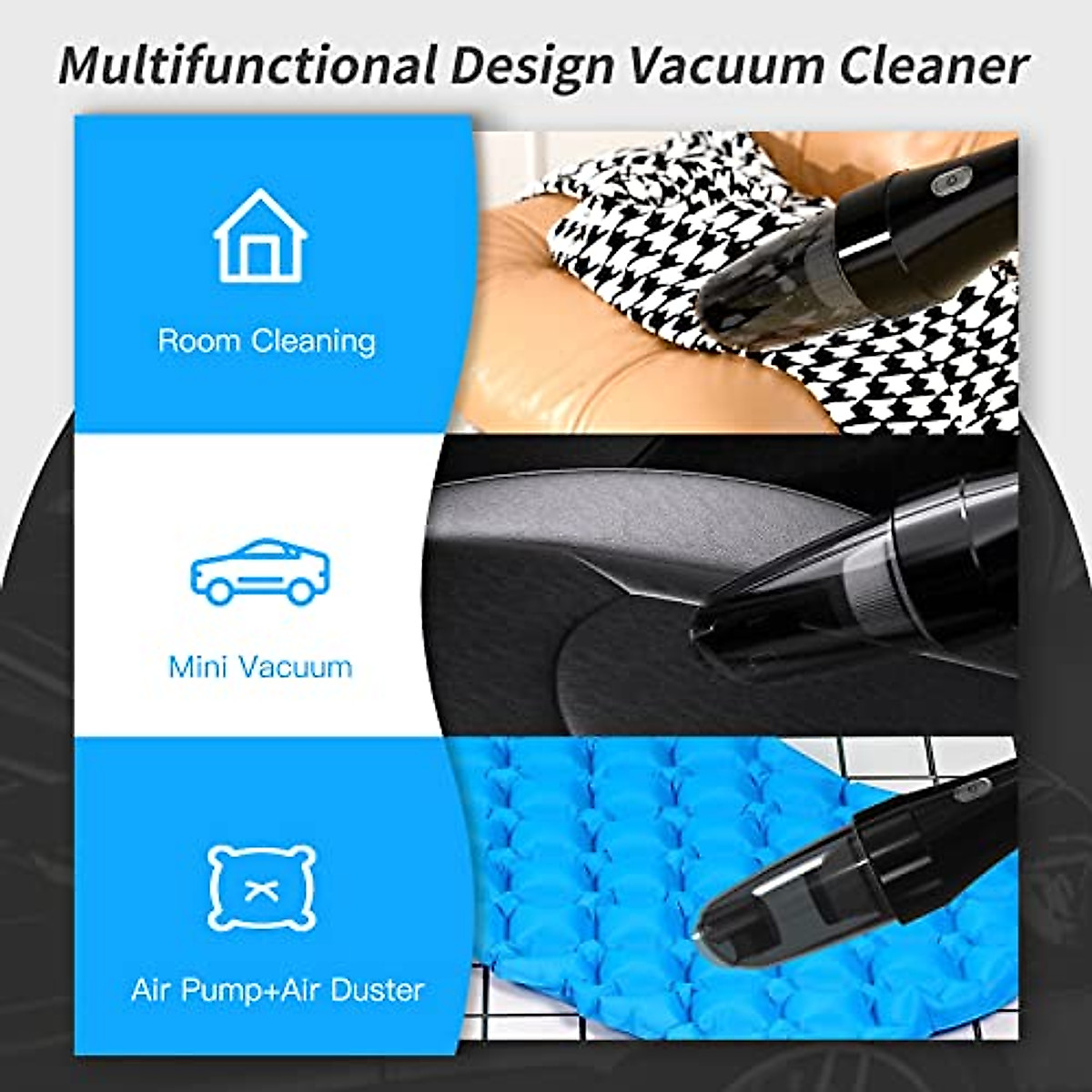 CAMFUN Mini Handheld Car Vacuum Cordless, Upgrade Version Air Duster and Inflation 3 in 1, Rechargeable with Strong Suction for Pet Hair, Home and Car Cleaning, Model GV01, Black