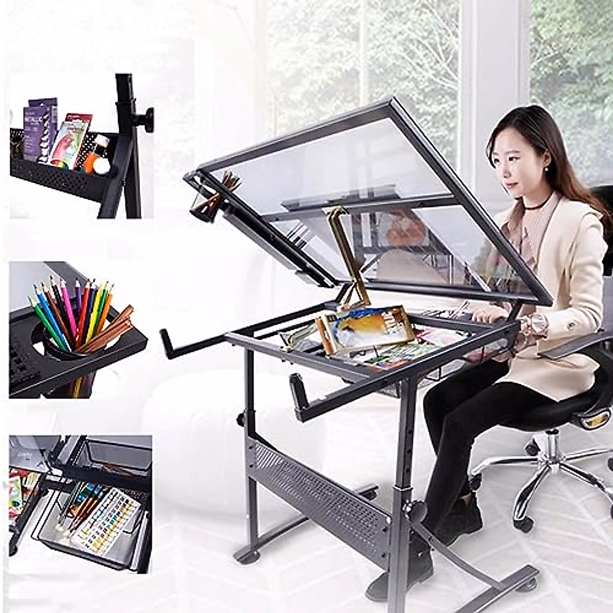 XiVue Drafting Table with Storage, Height Adjustable Tiltable Art Desk, Glass Panel Drawing Desk, for Work Study Painting Craft Table