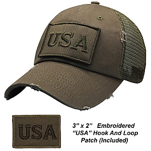 Antourage American Flag Unconstructed Hat for Men and Women Twill Mesh Snapback Baseball USA Flag Cap + 2 Patriotic Patches ((02) Olive Distressed Mesh Snapback)