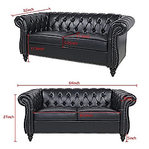 FOKWE Chesterfield Loveseat Leather, Modern Upholstered Tufted Couch 2 Seater with Rolled Arms and Nailhead for Living Room, Bedroom (Black)