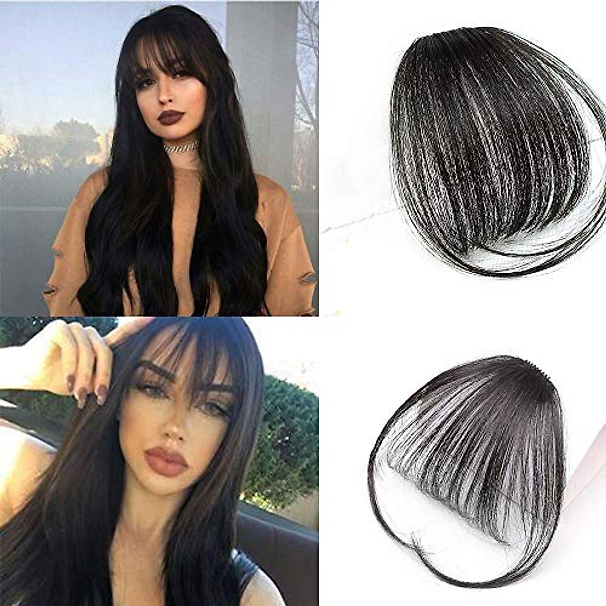 Clip in Bangs 100% Real Human Hair Bangs Dark Brown Bangs Hair Clip with Temple Clip on Bangs Hair Extensions for Women (Natural Black, Wispy Bangs)