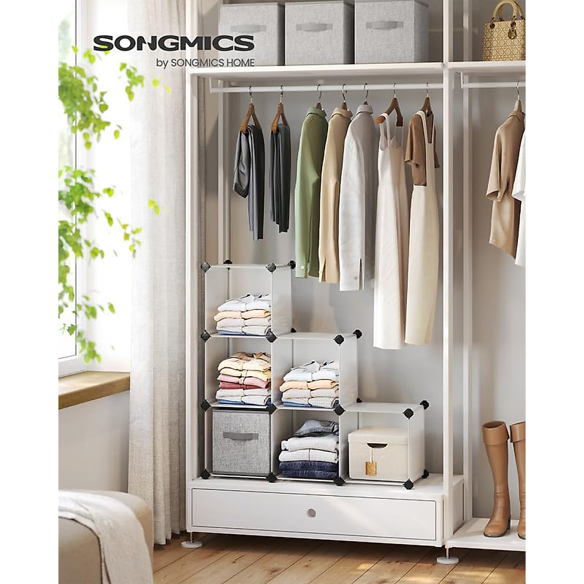 SONGMICS 6 Cube Storage Organizer, DIY Closet Shelf, Plastic Clothes Organizer, Modular Bookcase, 11.8 x 11.8 x 11.8 Inch Cubes, with Feet and Rubber Mallet, White ULPC06W