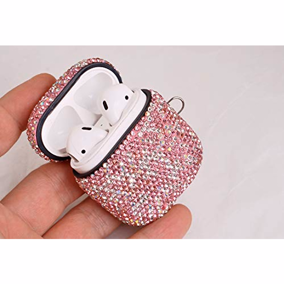 Sparkly Diamond Case for AirPods with Keychain, Shockproof Protective Premium Bling Rhinestone Cover Skin Compatible with AirPods Charging Case 2 & 1(Pink+AB C6)