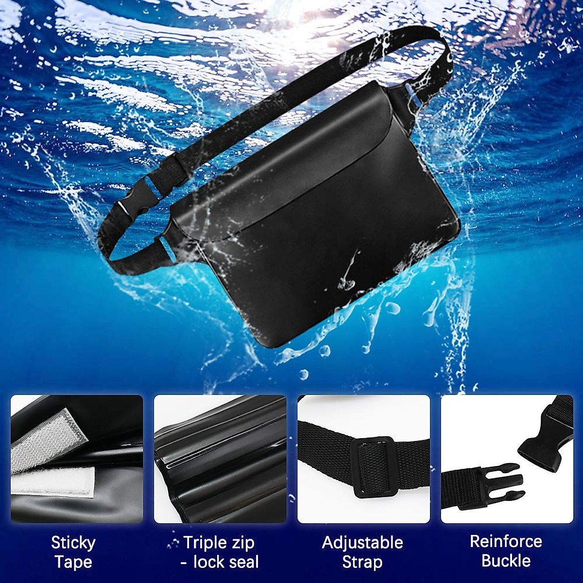 SITAKE 4 Pcs Waterproof Pouch Bags Set, Including 2 Waterproof Waist Pouch with adjustable waist strap, 2 Waterproof Phone Cases for kayaking, Swimming,travel (Black+Blue)