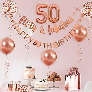 Rose Gold Fifty & Fabulous Happy 50th Birthday Banner Garland Foil Balloon 50 for Womens 50th Birthday Decorations Hanging 50 and Fabulous Cheers to 50 Years Old Birthday Party Supplies Backdrop