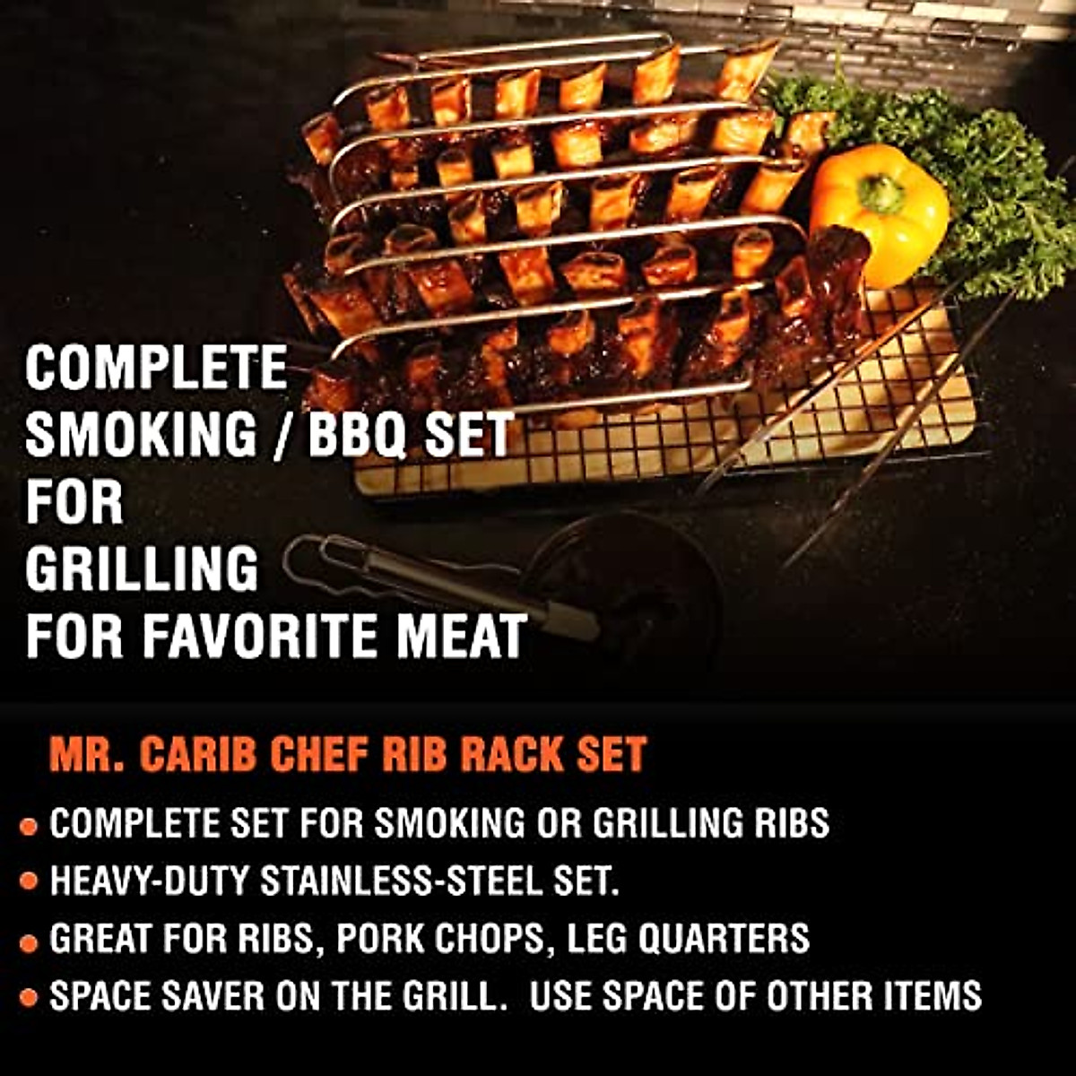 Large Rib Rack for Smoking - BBQ Rib Rack Gas Charcoal Smoker - Grilling Accessories - 304 Stainless Steel Roasting Stand With Tongs, Basting Brush Sauce Pan - Non Stick Grill Rack - Barbecue Rib Rack Holds 5 slab