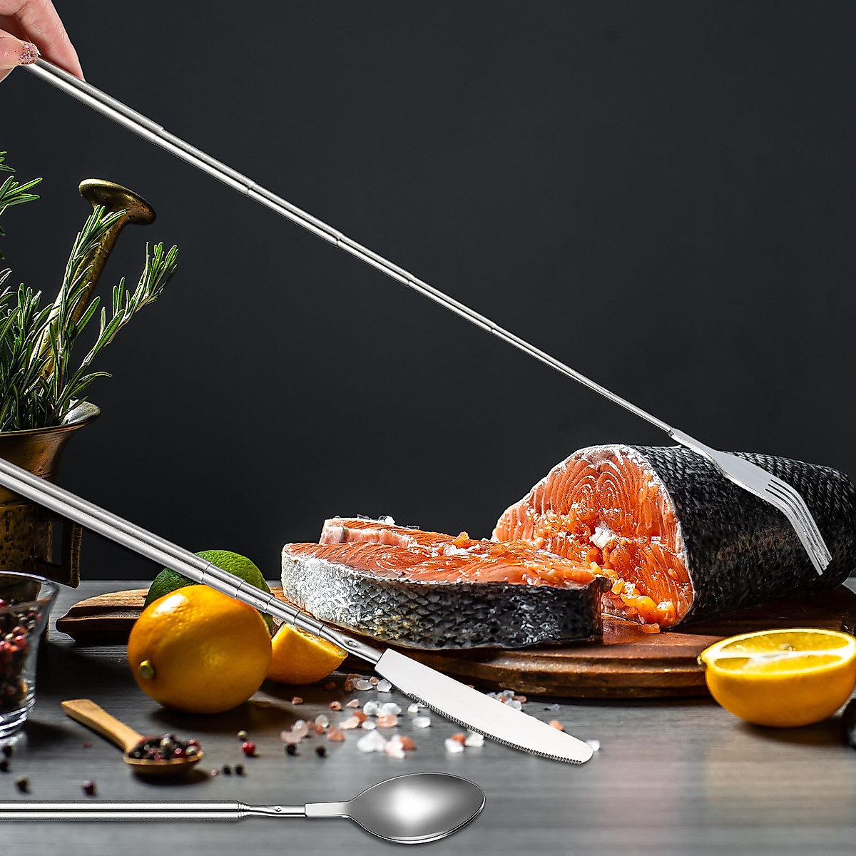 Geetery 3 Pcs Telescopic Spoon Fork knife Set Extendable Fork knife Spoon Stainless Steel Dinner Extend to 25 Inch Anti Rust Fruit Dessert Long Handle Fork Cutlery Set for Barbecue Toasting Dinner