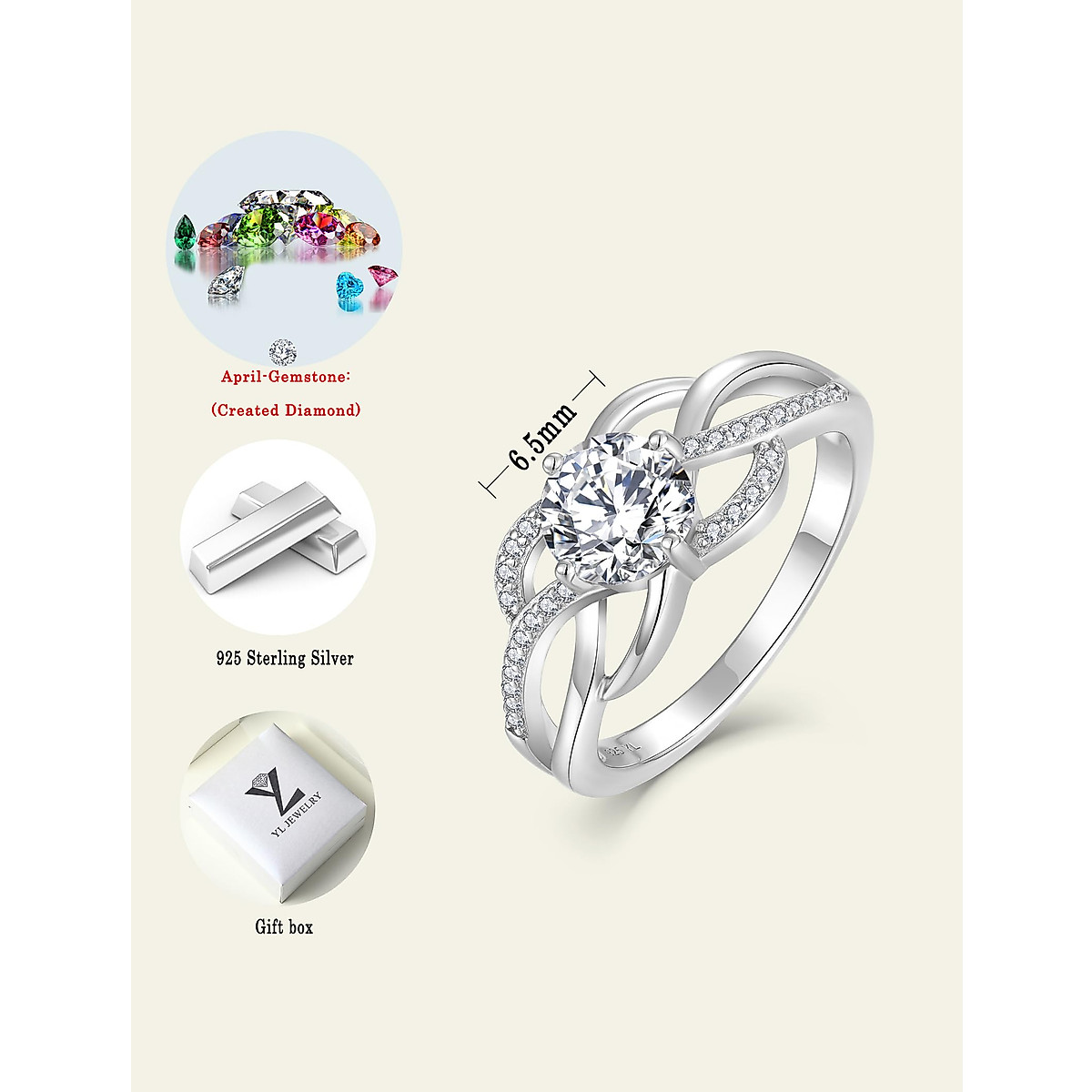 YL Celtic Knot Rings 925 Sterling Silver Twisted Ring Cubic Zirconia Infinity Statement Rings for Women-size8