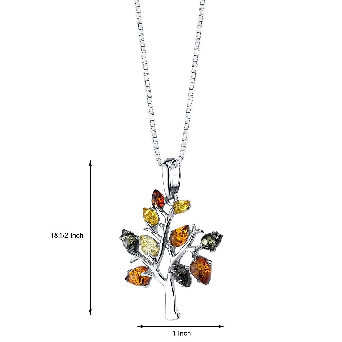 PEORA Genuine Baltic Amber Tree of Life Pendant Necklace for Women 925 Sterling Silver, Rich Cognac, Olive Green and Light Yellow Colors, with 18 inch Chain
