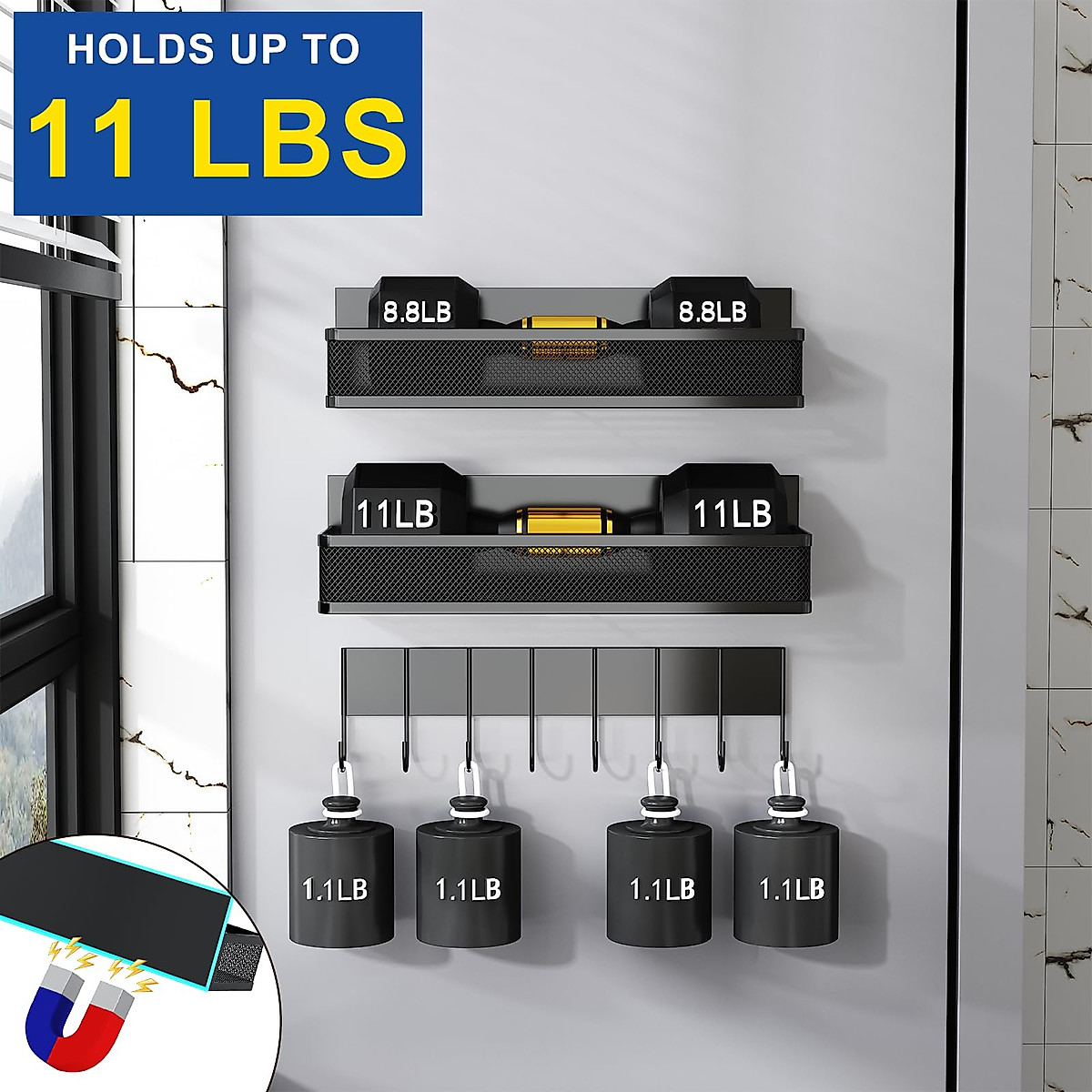 Miyawell Magnetic Spice Rack for Refrigerator, 3 Pack Magnetic Shelf, Fridge Organizer Shelves for Kitchen Organization and Storage, Moveable Space Saver Seasoning Racks with 8 Hooks, Metal&Black