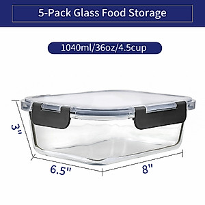 MFY 5-Pack 36 OZ Glass Storage Containers with Lids, Glass Meal Prep Containers Set, Airtight Glass Lunch Containers with Lids, Microwave, Oven, Freezer and Dishwasher Safe, Gray