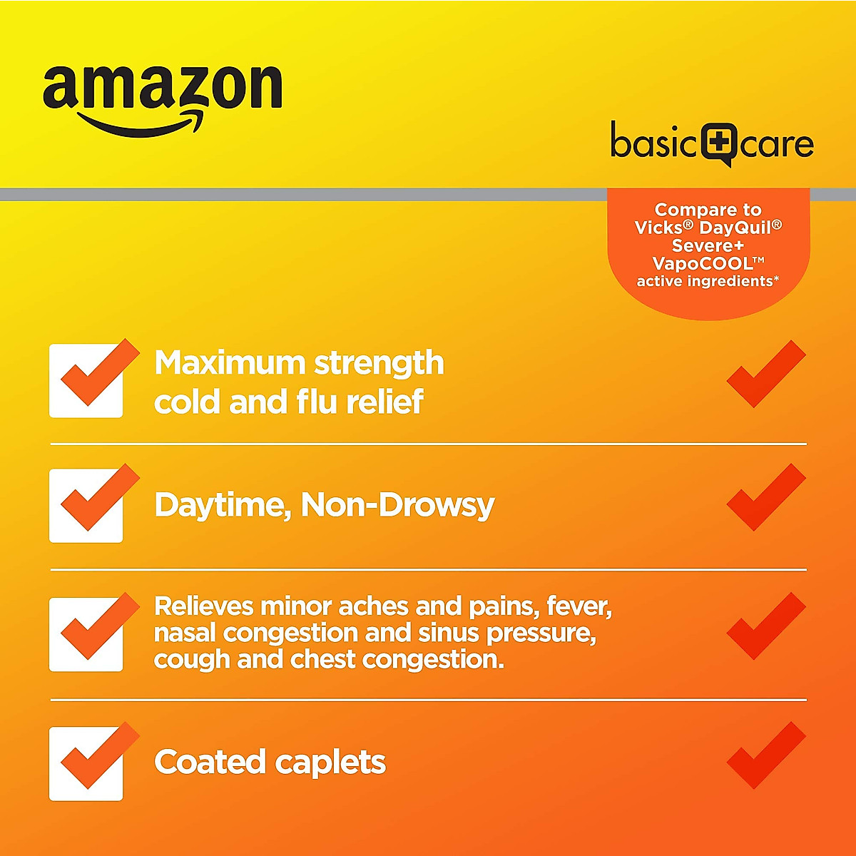 Amazon Basic Care Daytime Severe Cold & Flu Relief Caplets, Cold Medication for Severe Cold and Flu Symptoms Like Headache, Fever, Coughing, Chest & Nasal Congestion, Vapor Ice, 24 Count