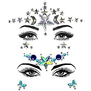 Stars Moon Face Gems Jewels Stick on Face Makeup Eyes Gems Crystal Rhinestones Sticker Gift for Women Accessories Costume Temporary Tattoos