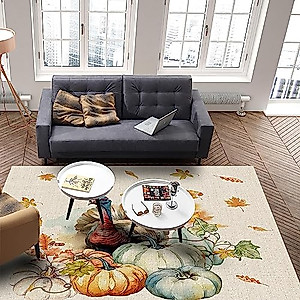 OComster Thanksgiving Rectangle Shape Large Area Rugs - 4 x 6 Feet Pumpkin Teal Orange Turkey Fall Maple Leaves Burlap - (Non-Woven + Rubber) Low File Floor Mat