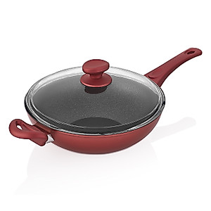 SAFLON Titanium Nonstick 11 Inch Wok and Stir Fry Pan with Glass Lid Forged Aluminum with PFOA Free Scratch Resistant (Red)