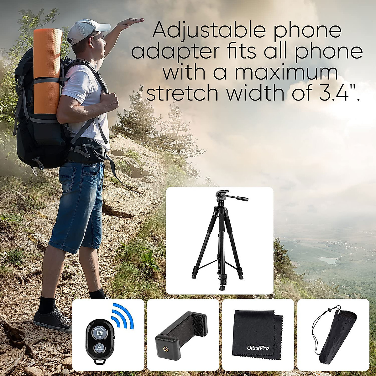 UltraPro 72" Inch Black Camera Tripod with Universal Smartphone Mount + Remote Control Compatible with iPhone/Android Cell Phone, Includes UltraPro Microfiber Cleaning Cloth