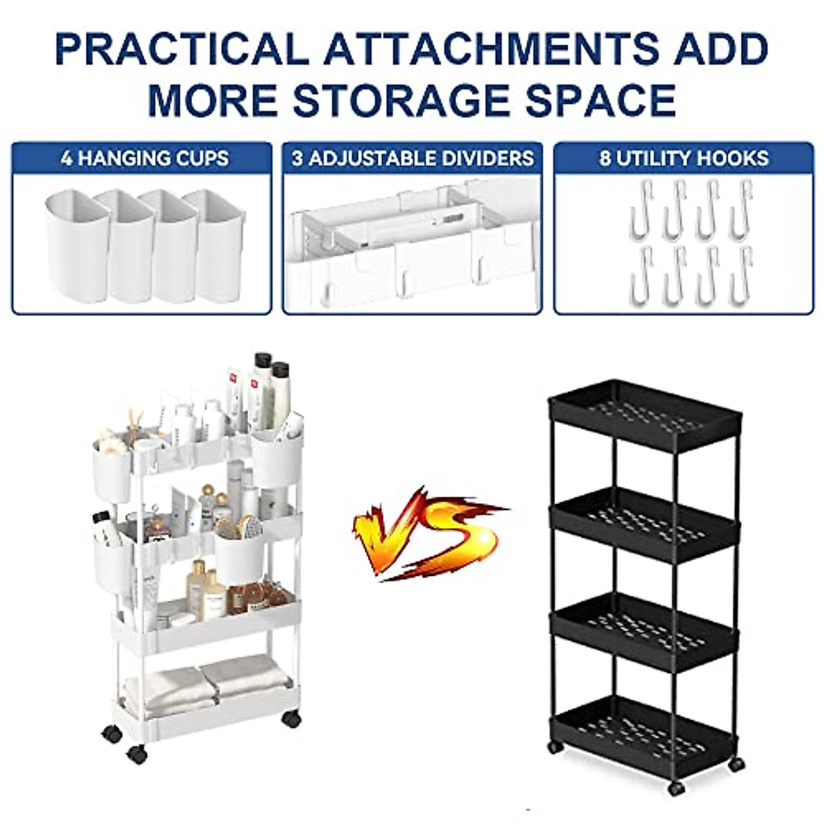 VANDHOME 4-Tier Slim Storage Utility Rolling Cart with Wheels Multifunction Organizer Slide Out Trolley Cart for Kitchen Bathroom Narrow Places with Hanging Cups Dividers - White