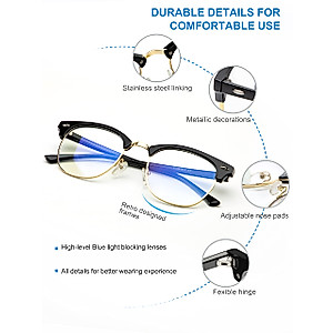 NSSIW Blue Light Glasses for Women and Men, Advanced Computer Glasses, Gaming Glasses, Semi Rimless with Blue Light Blocking, 11 Glossy Black/Golden Rim + Glossy Black/Black Rim, M