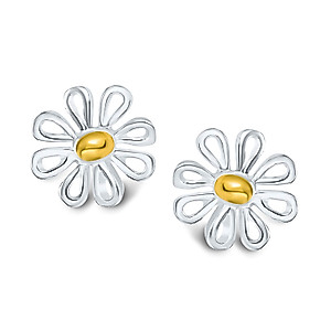 Summer Spring Time Two Tone Charm Sunflower Daisy Flower Stud Earring Women Teen Yellow 14K Gold Plated .925 Sterling Silver