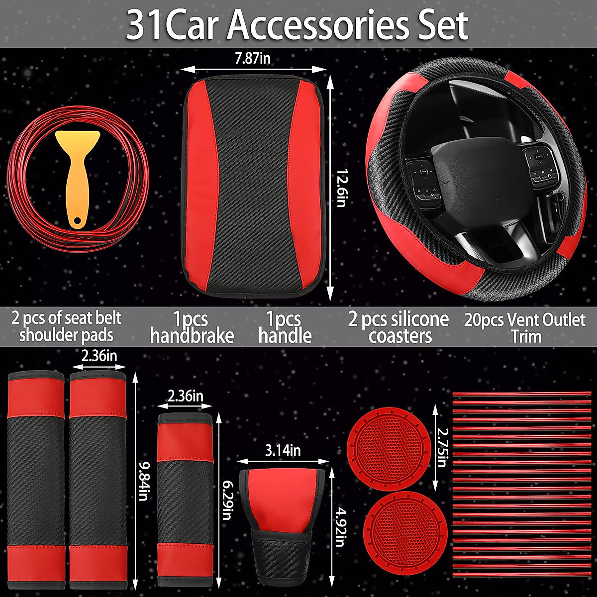 Riakrum 30 Pcs Car Accessories Set Red and Black PU Leather Steering Wheel Cover Auto Interior Accessories Gift Car Vent Trim Strips Air Conditioner Insert Strips with Installation Tool