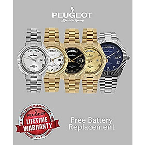 Peugeot 14K All Gold Plated Big Face Luxury Watch with Day Date Windows, Roman Numerals & Coin Edge Fluted Bezel Watch
