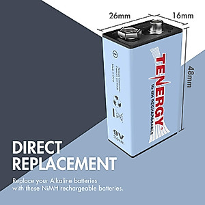 Tenergy 9V NiMH Battery, High Capacity 250mAh Rechargeable 9 Volt Batteries for Smoke Detector/Alarms, TENS Unit, Metal Detector, and More (4 Pack)