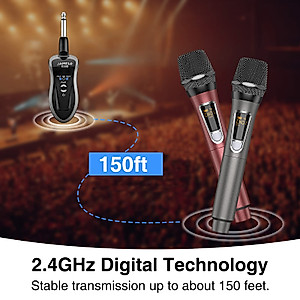JAMELO Wireless Microphones, Metal Dual Handheld Dynamic Mic, Microfonos Inalambricos with 2.4Ghz Rechargeable Receiver, Over 10H Duration, 150ft Range,Microphone for Singing, Karaoke,Speech, Wedding