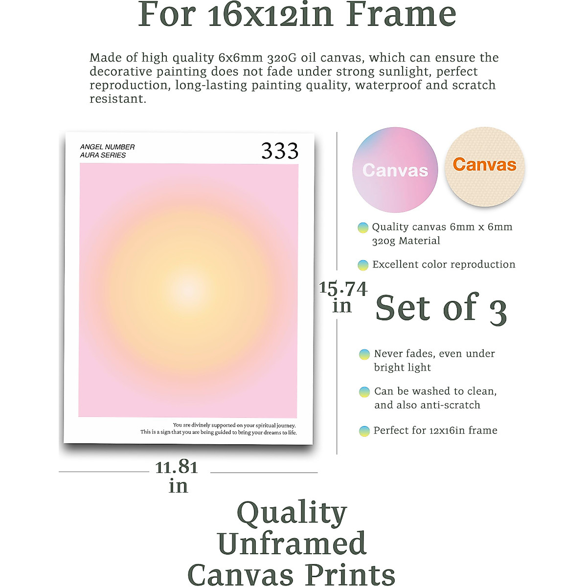 iHery Large Unframed Aura Angel Numbers 333 Poster Set of 3, Premium Quality 12x16in Canvas Wall Art Decor Aesthetic, Pink Trendy Spiritual Energy Gradient Print for Yoga Bedroom,Living Room