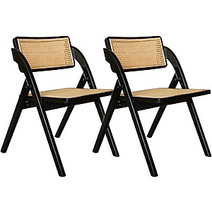 Folding Dining Chairs Set of 2, Foldable Wood Kitchen Chairs 100% Real Rattan Woven Seat and Back,Handmade for Living Room Bedroom, Garden Balcony, Easy Installation (Black)