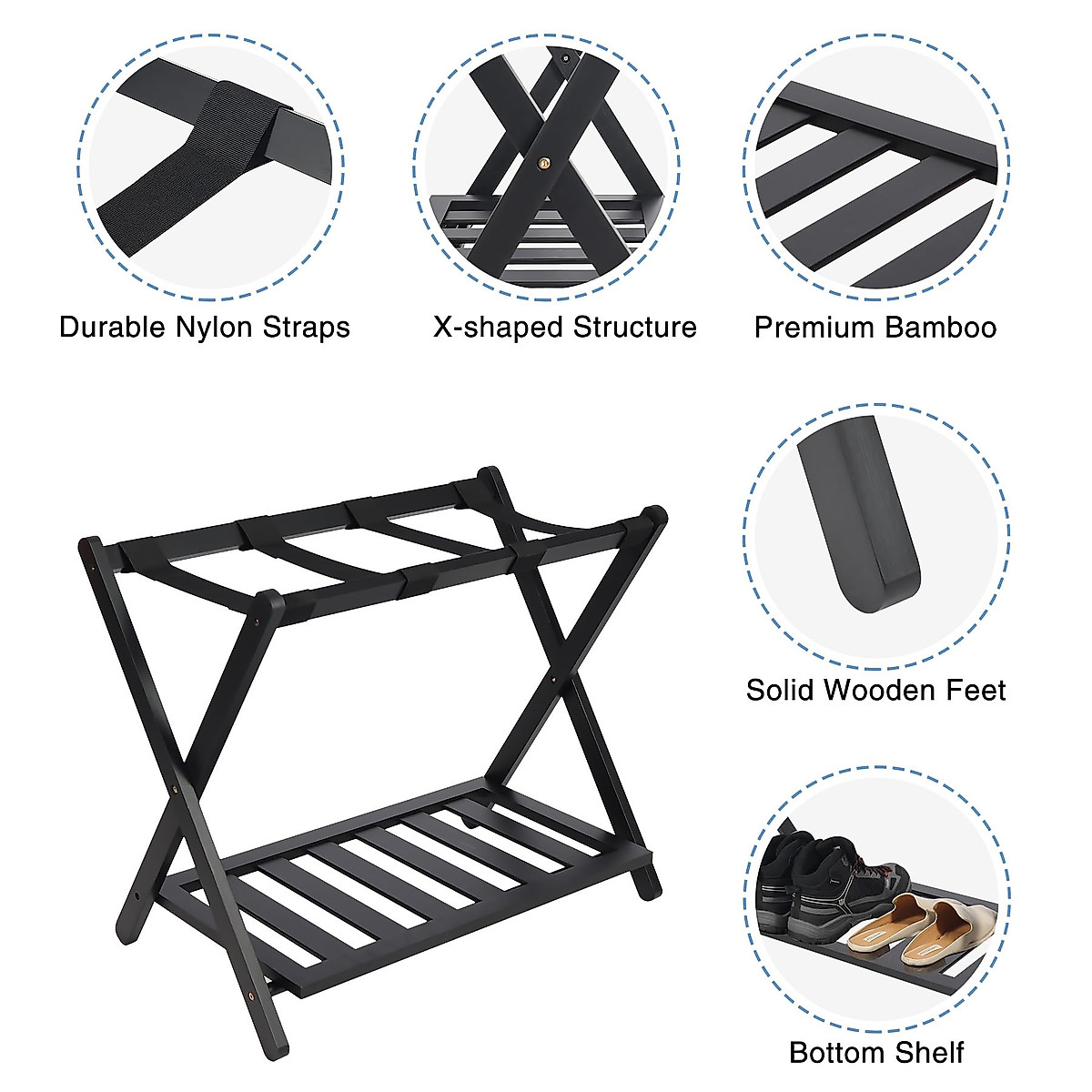 ALAPUR Folding Luggage Rack for Guest Room,Bamboo Suitcase Stand Holder with Shelf for Home Hotel Bedroom,Black