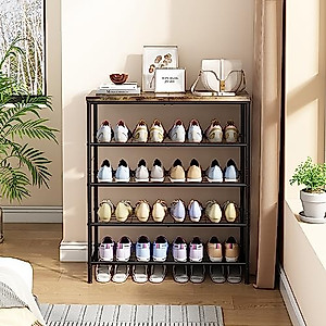 SUOERNUO Shoe Rack Organizer 5 Tier for Closet Entryway Free Standing Metal Storage Shoe Shelf with MDF Top Board，Black+Rustic Brown