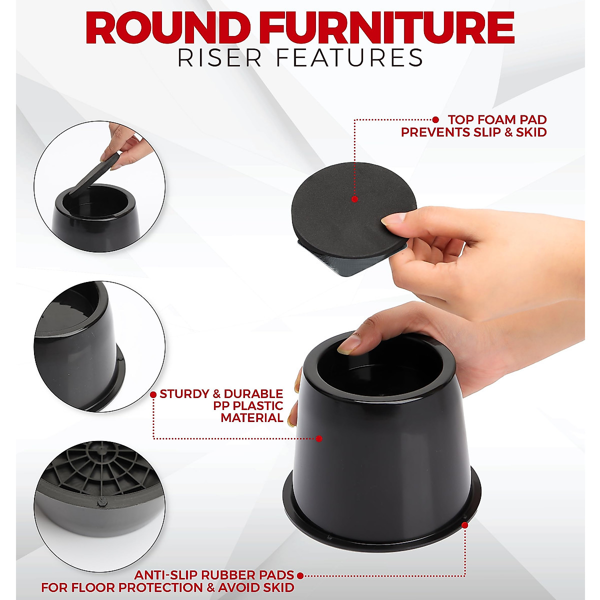 Utopia Bedding Bed Risers 3 Inch - 4 Pack - Round Furniture Risers with Top Anti-Slip Foam with Metal Plate & Bottom Rubber Pads - Bed Risers Heavy Duty for Sofa, Couch & Chair Lifts (Black)