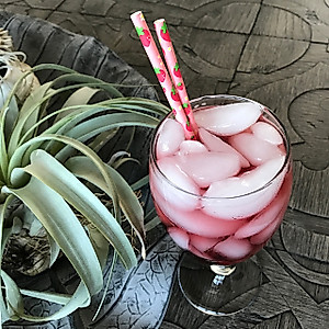 Strawberry Pattern Paper Straws - Valentine - Pink Red Green - 7.75 Inches - 100 Pack