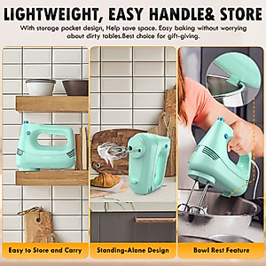 GUALIU Electric Hand Mixer with Stainless Steel Whisk, Dough Hook Attachment and Storage Bag, Handheld Mixer for Baking Cakes, Eggs, Cream Food Mixers. Turbo Boost /5 Speed Kitchen Blender GREEN