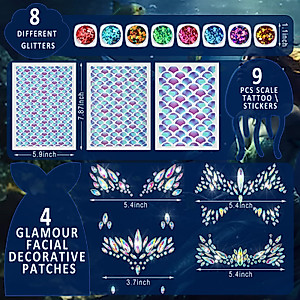 Jutom 21 Pcs Halloween Mermaid Costume for Women Make up Kit 4 Sheets Mermaid Scale Temporary Tattoos Stickers 9 Sets Body Face Jewels 8 Bottles Holographic Face Gems Glitter for Festival Rave Party