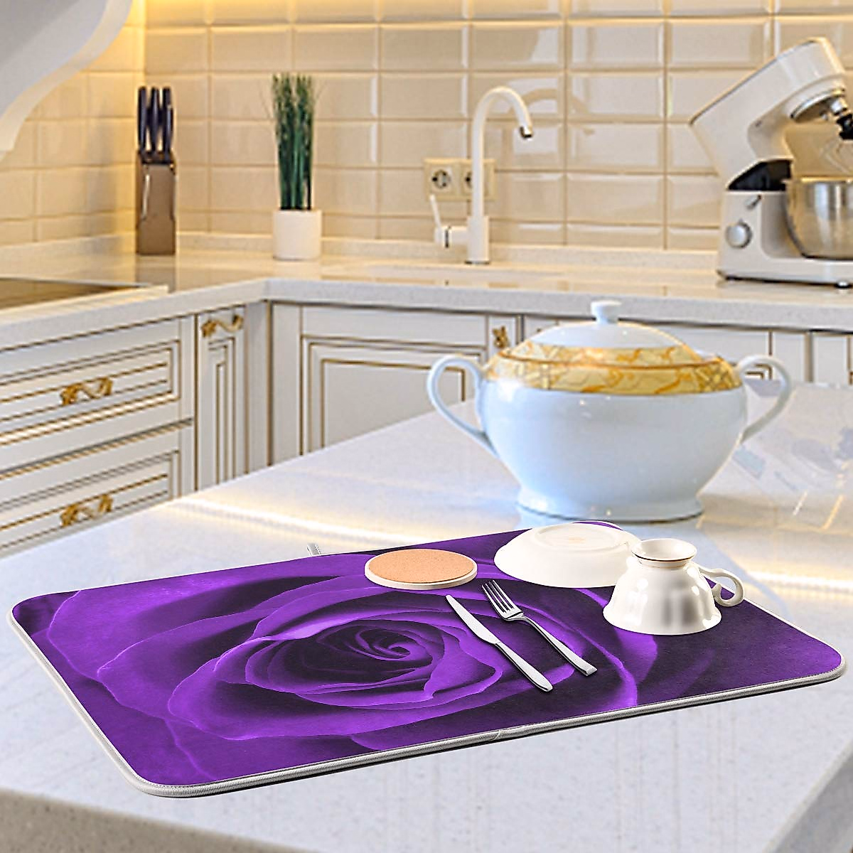 Blueangle Purple Rose Drying Mat Absorbent Reversible Microfiber Dish Drying Mat for Kitchen, Extra Large, 18 Inch x 24 Inch