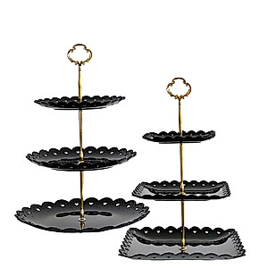 RAUVOLFIA 2 Pack of Large Round & Square Dessert Cupcake Stand, 3 Tier Cup Cake Holder Tower for Tea Party/Birthday/Wedding, Plastic Tiered Serving Tray (Black)