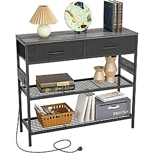 COTUBLR Console Table with Drawers and Outlets, Entryway Table with Storage Shelves, 39 inch Narrow Sofa Table for Living Room, Entry Table for Entryway, Hallway, Living Room Furniture, Grey Oak