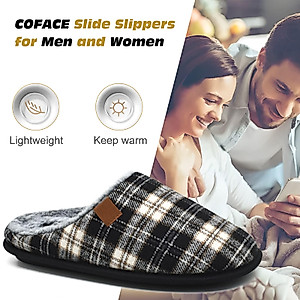 COFACE Mens Womens Black White Flano Plaid Cozy Memory Foam Scuff Slippers Slip On Warm House Shoes Indoor/Outdoor With Best Arch Support