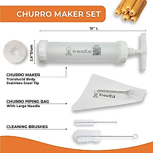 KneadEat Churro Maker Machine Churrera and Piping Bag Churros Filler. Easy QR-Recipe to Prepare and Fill Your Own Churros at Home.