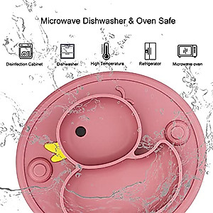 Baby Divided Plate Placemat Silicone- Portable Non Slip Child Feeding Suction Plate for Children Babies and Kids BPA Free Baby Dinner Plate Microwave Dishwasher Safe (Duck-Blush)