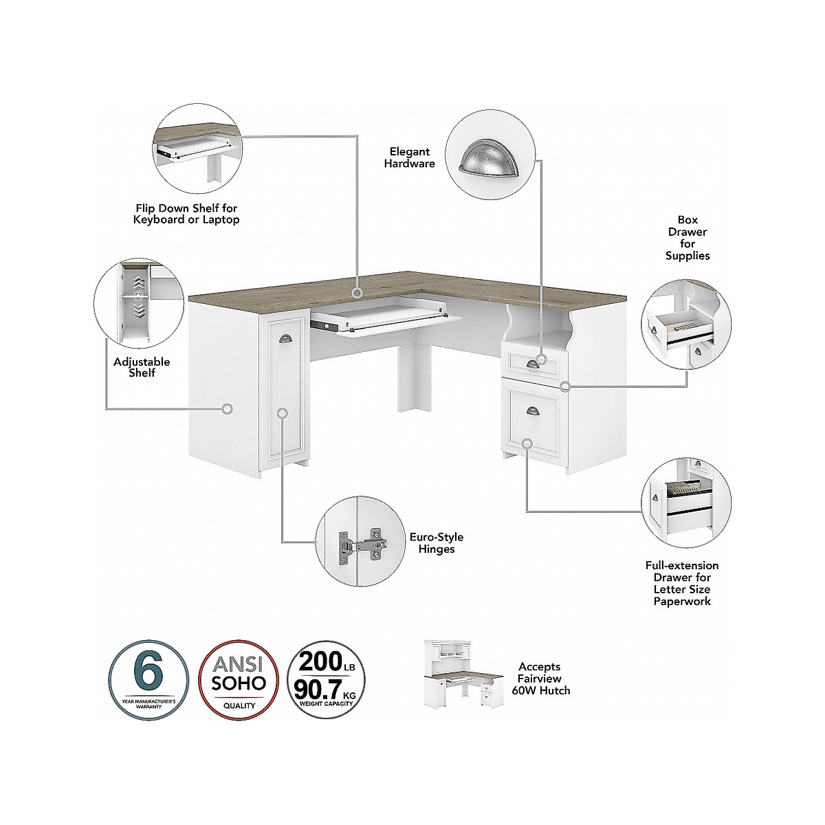 Bush FV003G2W 60-Inch L-Shaped Desk w/Hutch, Lateral File Cabinet Shiplap Gray/Pure White